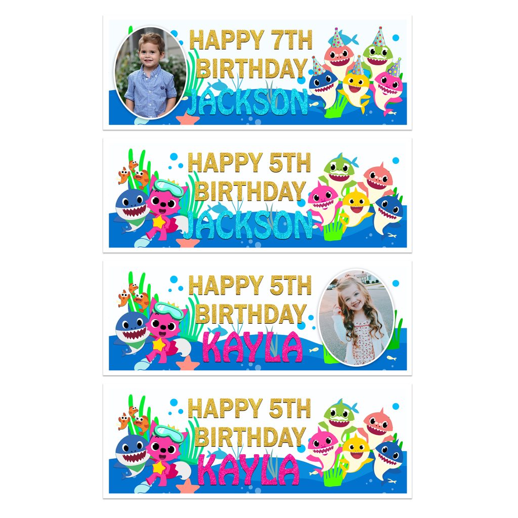 Baby Shark Happy Birthday Name Photo Personalised Banner